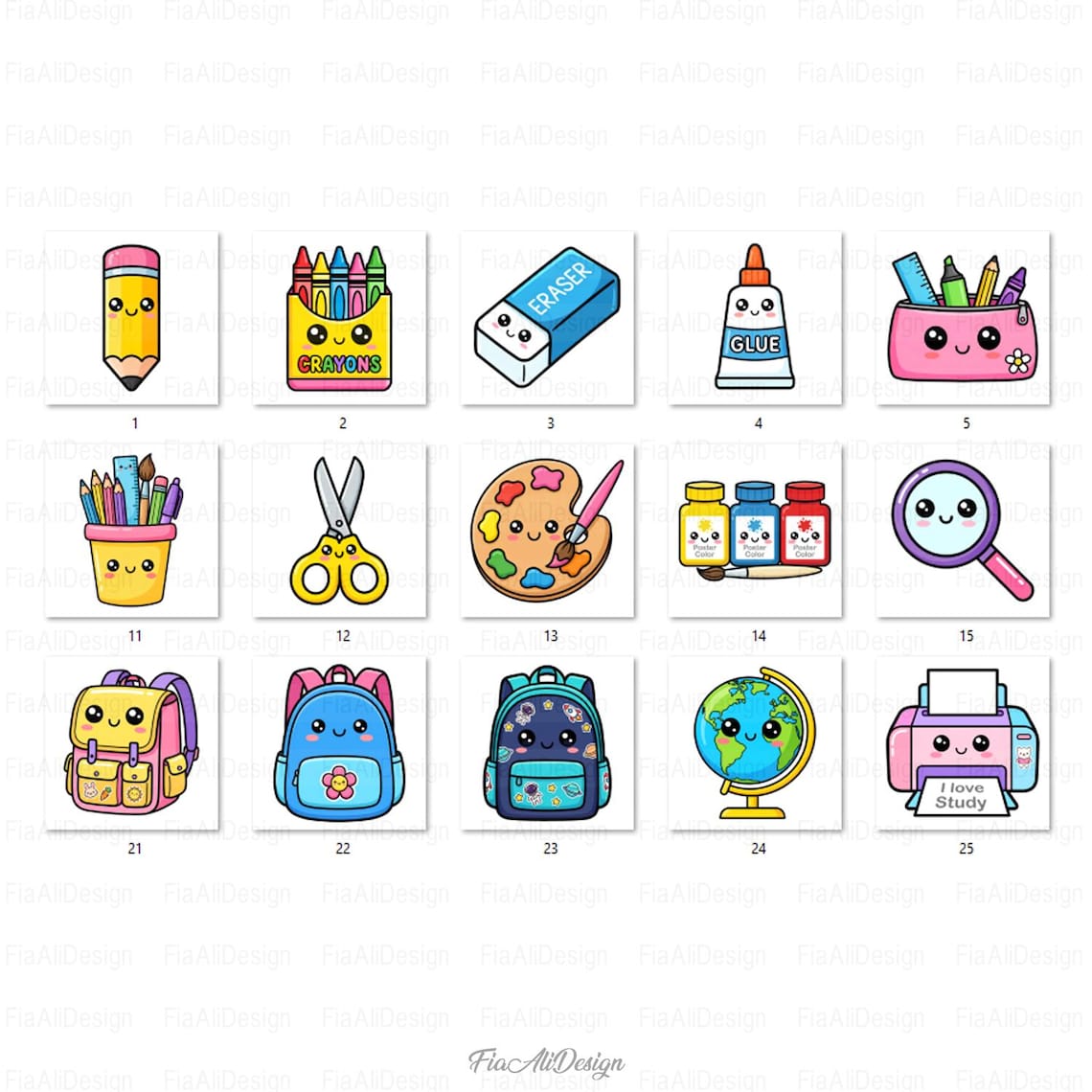 Kawaii School Supplies Clipart, Cute Back to School Clipart, Adorable ...