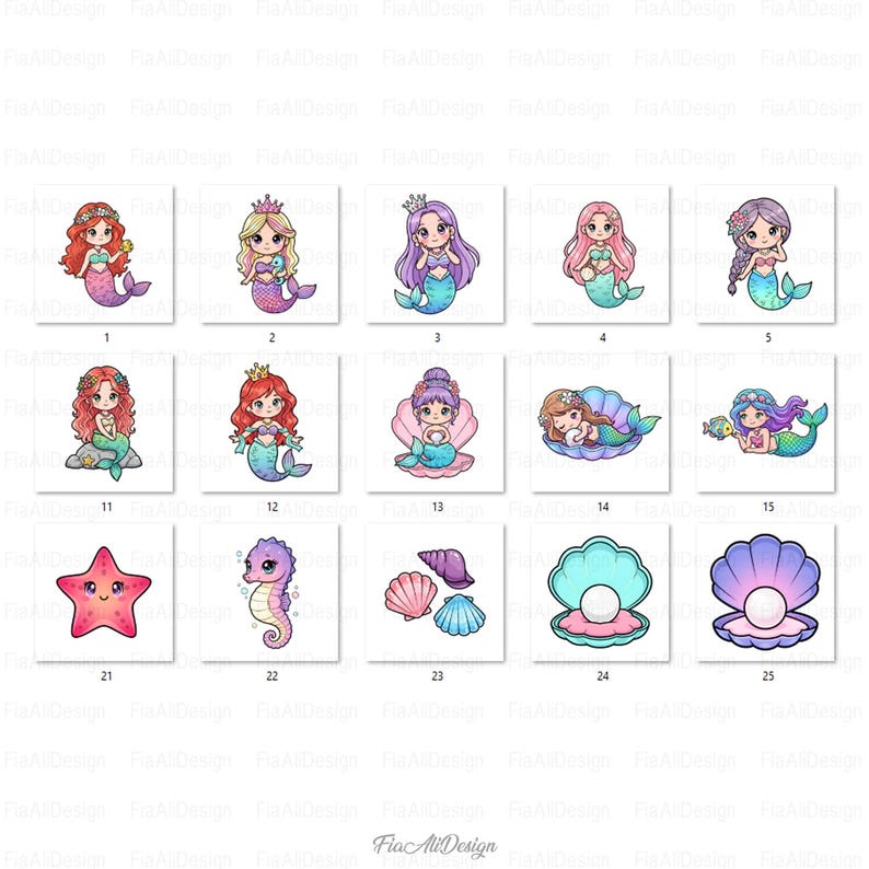 Adorable Mermaid & Sea Life Clipart, Kawaii Mermaid Paradise Clipart ...