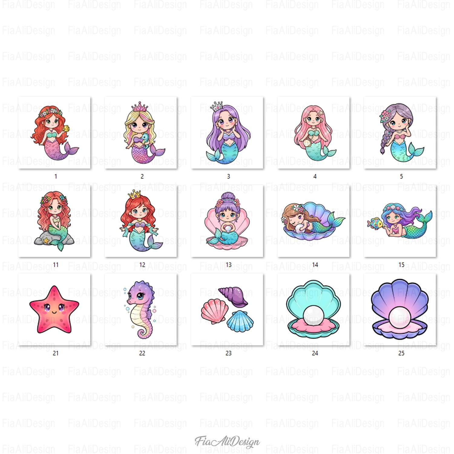 Adorable Mermaid & Sea Life Clipart, Kawaii Mermaid Paradise Clipart ...
