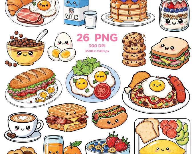 Kawaii Breakfast Food Clipart - Vector, PNG & JPG Files - 300 DPI Cute ...