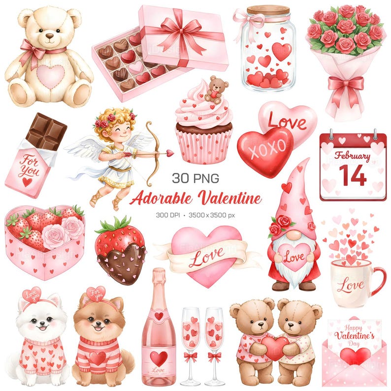 Adorable Valentine Clipart Set, Sweet Valentine’s Day Clipart, Cute ...