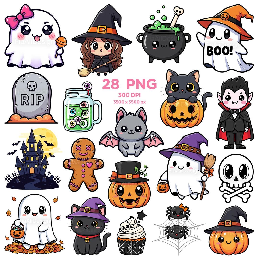Spooky Cute Halloween Clipart, Halloween Clipart, Halloween PNG, Kawaii ...