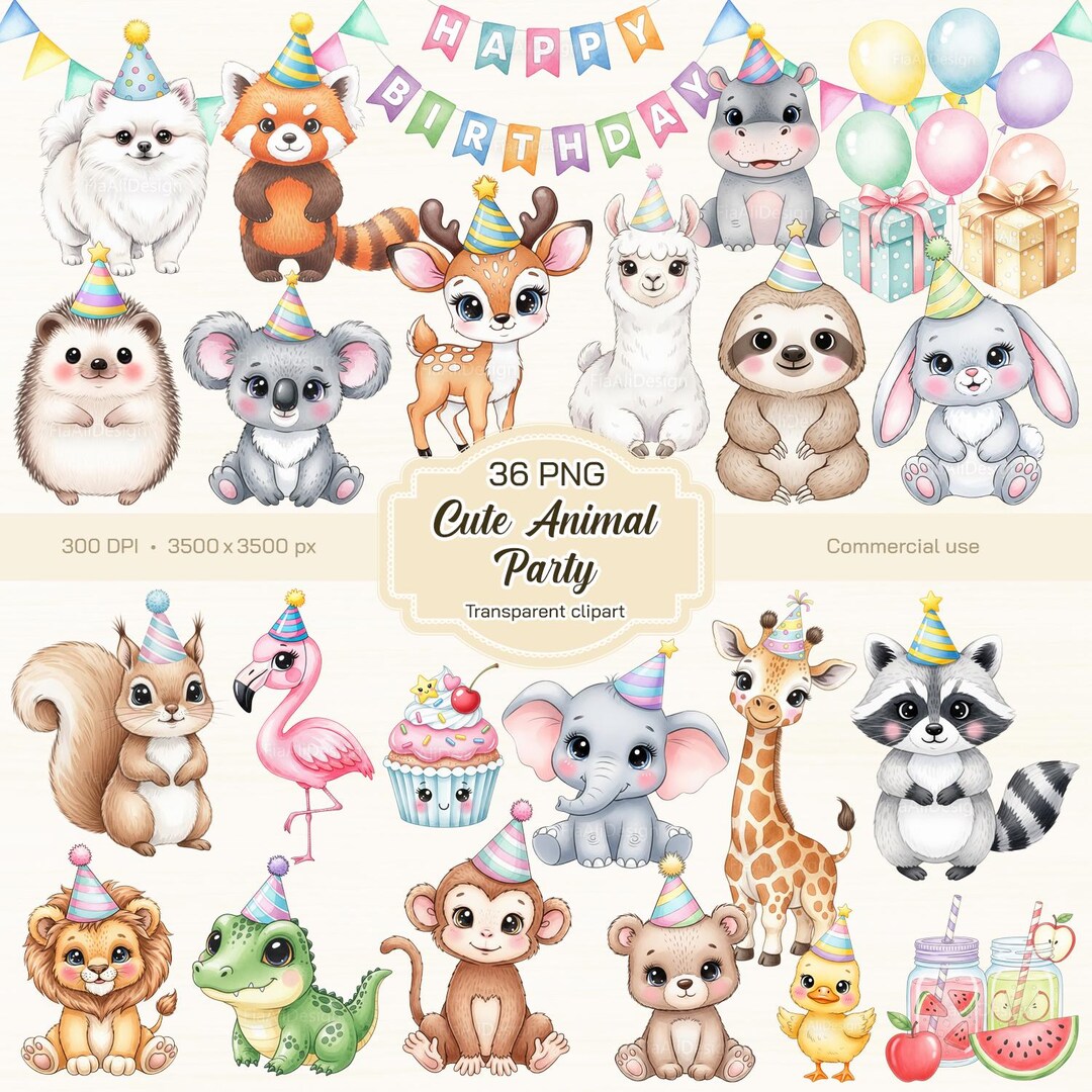 Cute Animal Party Clipart, Animal Clipart, Birthday Party PNG, Adorable ...