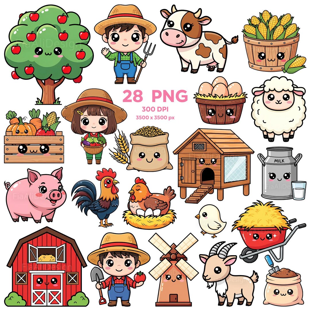 Kawaii Farm Friends Clipart, Cute Farm Animals Clipart, Harvest Day ...