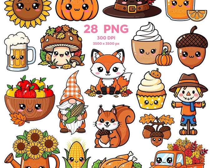 Kawaii Thanksgiving Cute Clipart Bundle Cute Fall Pumpkin Spice PNG ...