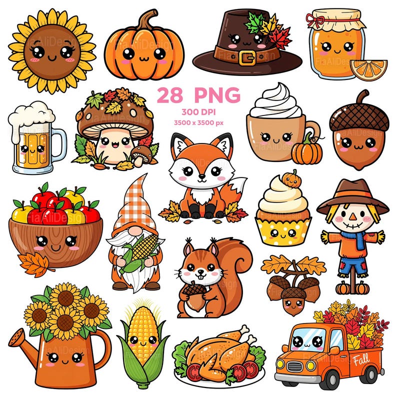 Kawaii Thanksgiving Clipart, Cute Fall Harvest Clipart, Autumn ...