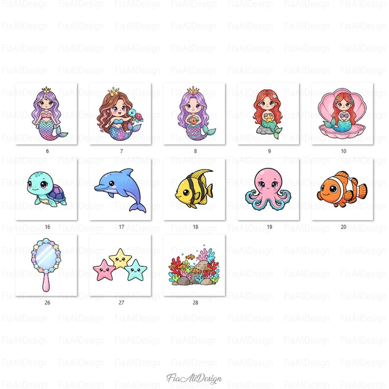 Adorable Mermaid & Sea Life Clipart, Kawaii Mermaid Paradise Clipart ...