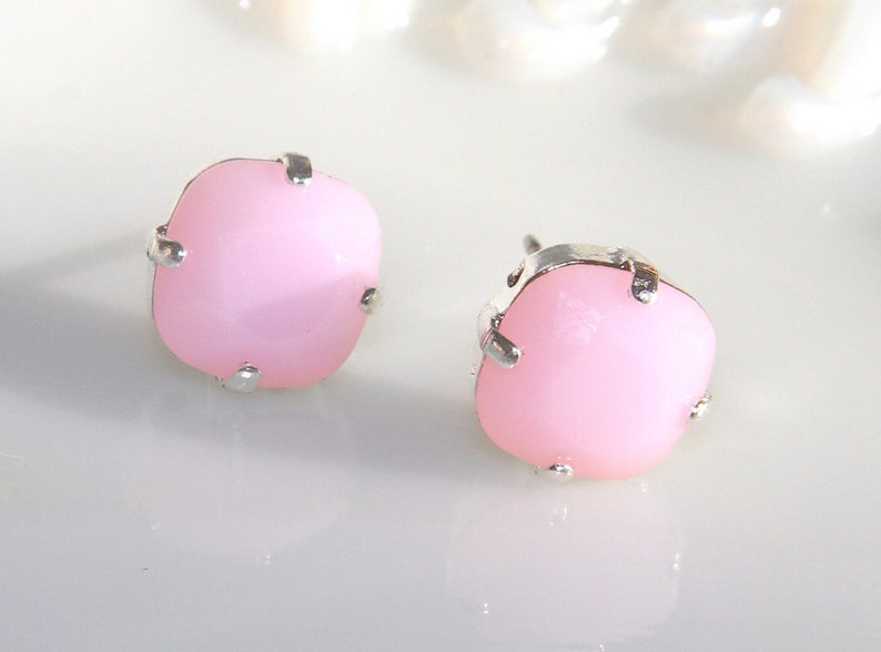 Pink Alabaster Swarovski Stone Pink Square Silver Set Rhinestone Post ...