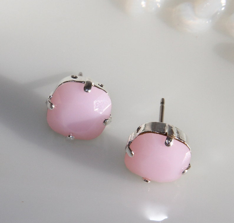 Pink Alabaster Swarovski Stone Pink Square Silver Set Rhinestone Post ...