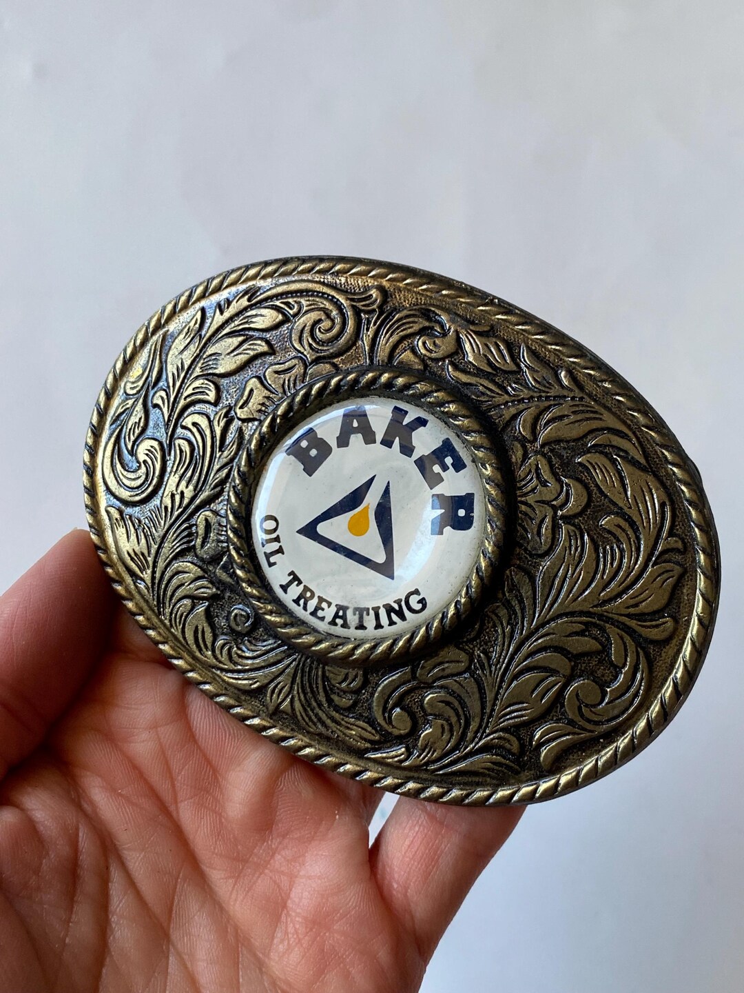 Vintage Brass Collectible Belt Buckle, Baker Oil Treating Buckle, Crude ...
