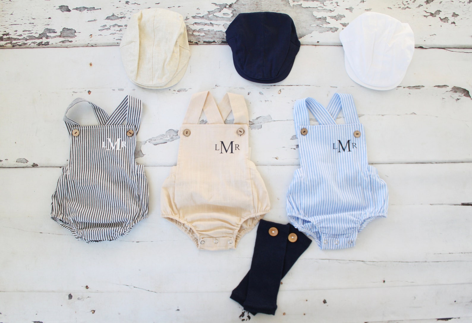 Easter Spring Baby Boy Romper With Monogram or Name Khaki Linen Like ...