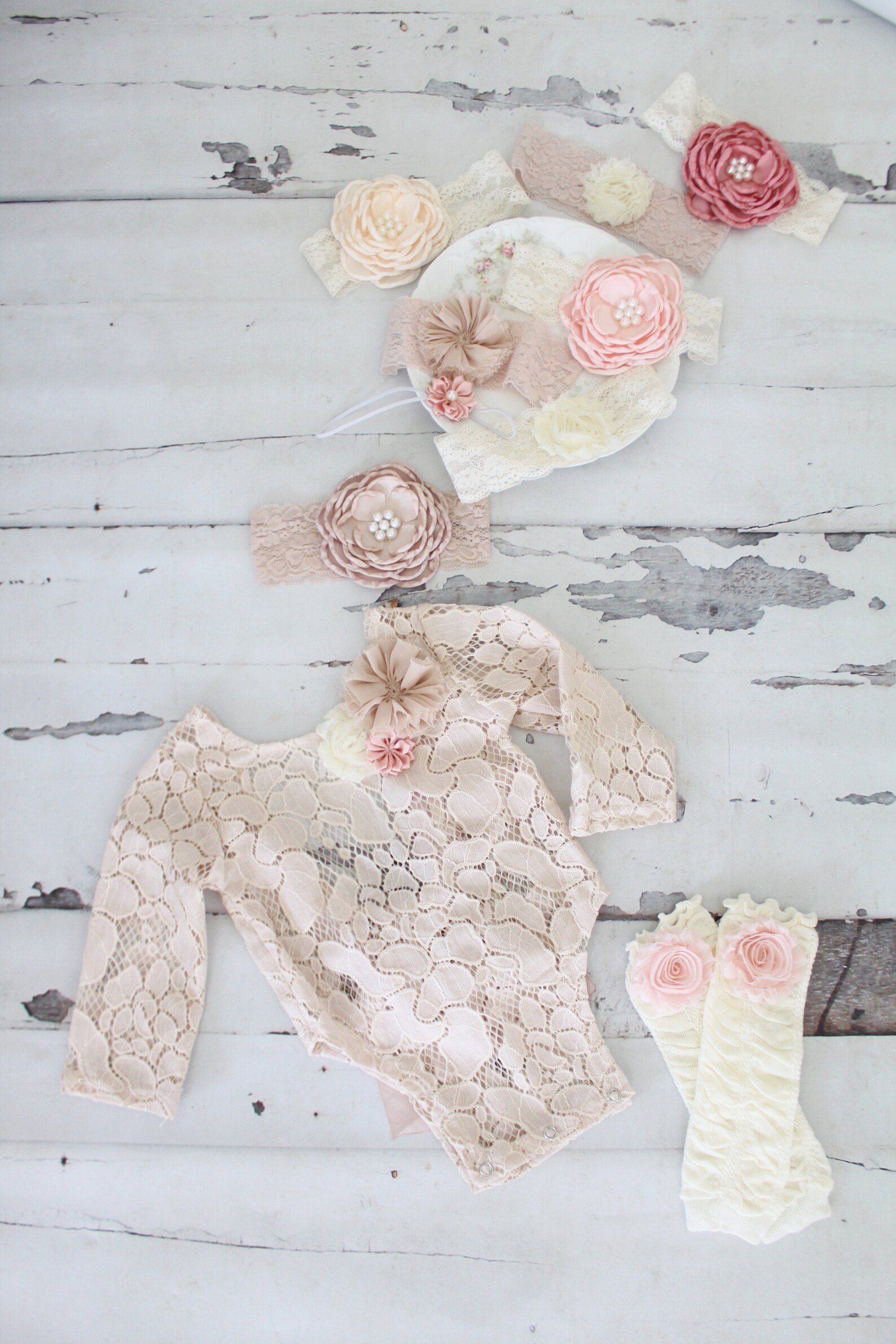 Newborn Baby Girl Photo Prop Boho Lace Romper W Satin Blush - Etsy