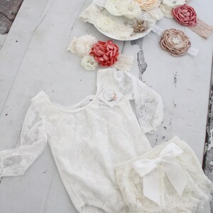White Lace Bodysuit, Antique White Lace Diaper Cover, & Headband Baby ...