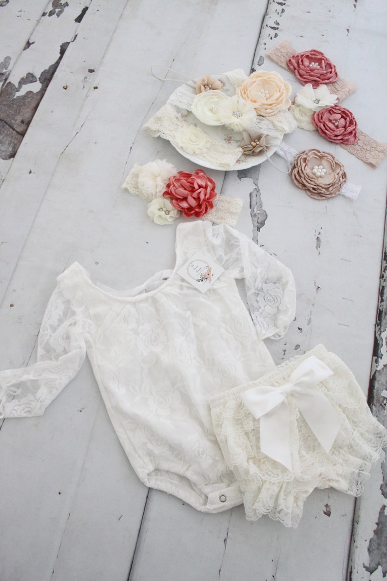 White Lace Bodysuit, Antique White Lace Diaper Cover, & Headband Baby ...