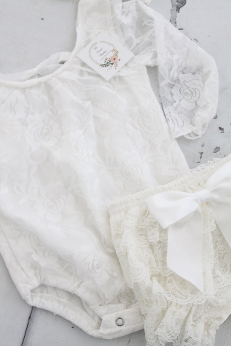White Lace Bodysuit, Antique White Lace Diaper Cover, & Headband Baby ...
