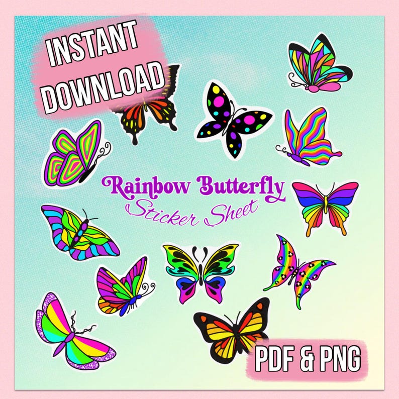 Hand-drawn Butterfly Sticker Sheet | PNG & PDF | Printable Digital ...