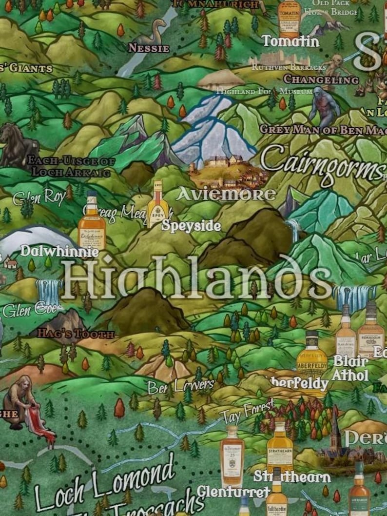 Illustrated Folk Map of Scotch Whisky, Home and Pub Decor - Etsy