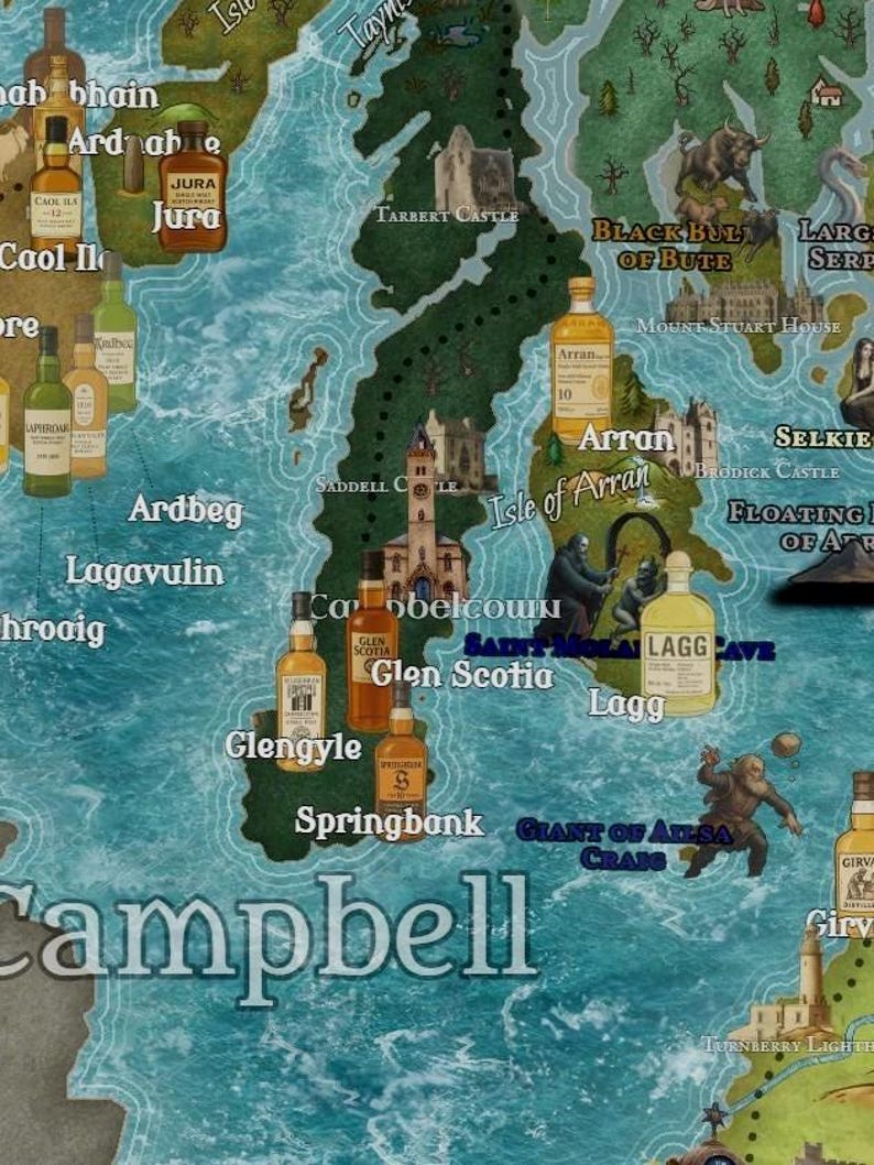 Illustrated Folk Map of Scotch Whisky, Home and Pub Decor - Etsy