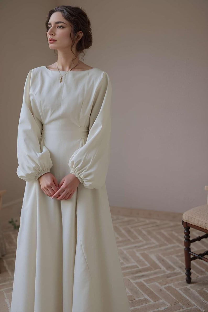 Modest Linen Swing Dress, Long Sleeve Maxi Dress With Pockets and Waist ...