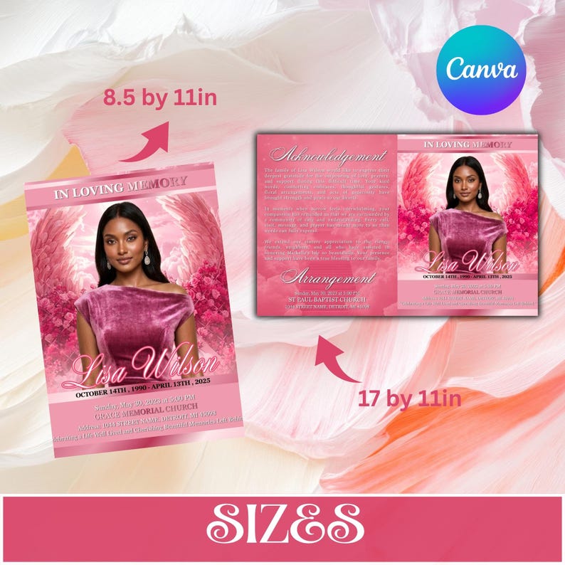 Pink Angel Wings Funeral Program Template, 8 Page Memorial Booklet ...