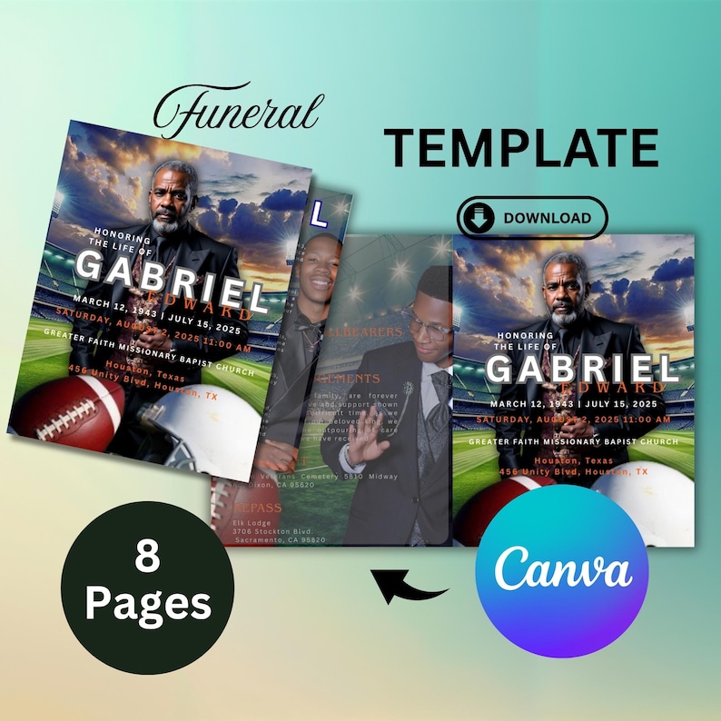 Football Funeral Program Template, Sports Obituary, Navy Grey Obituary ...