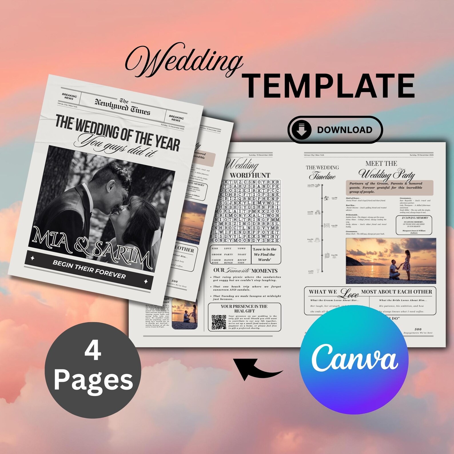 Wedding Newspaper Template With Photo | Editable Wedding Program ...