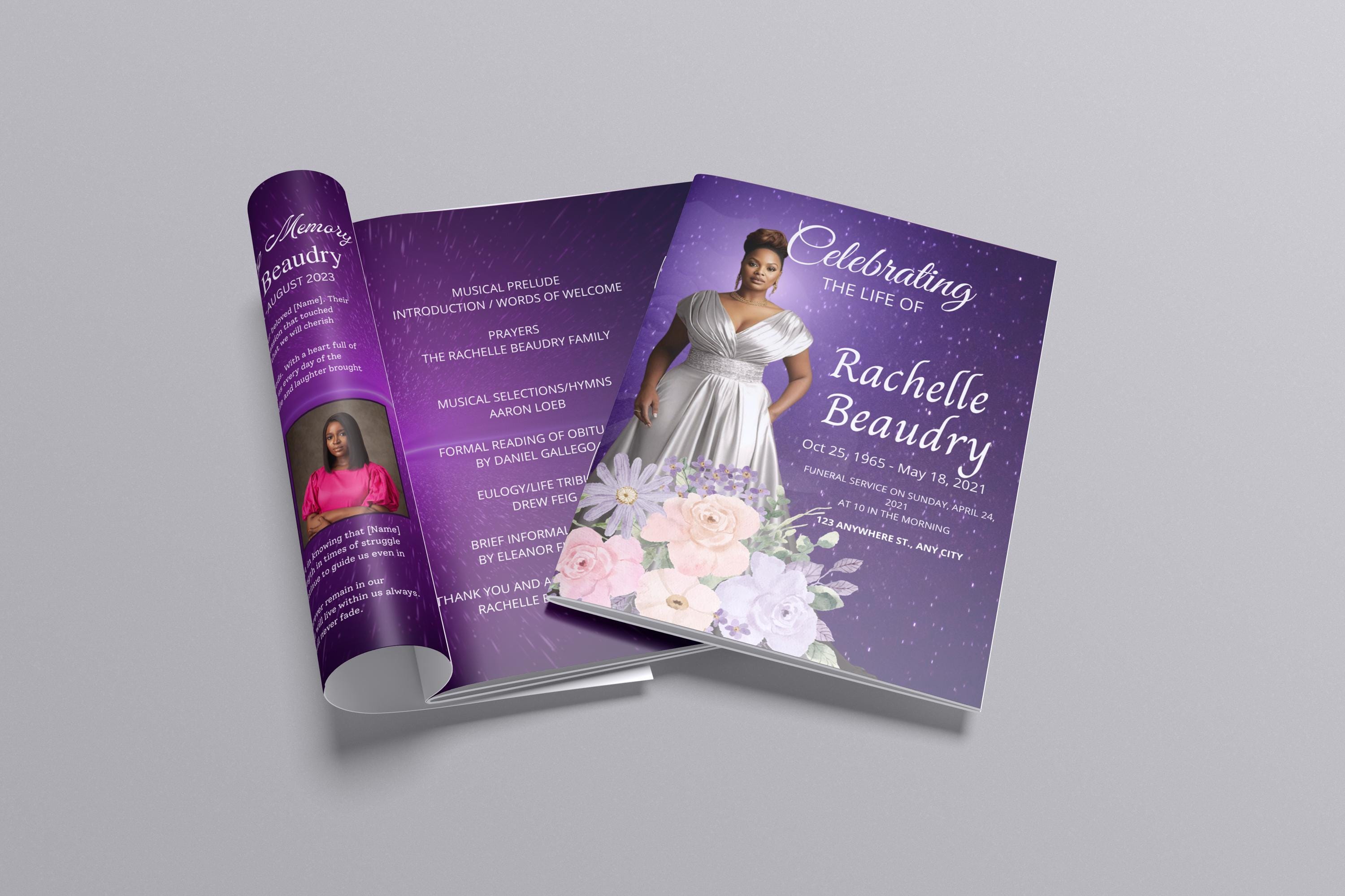 8 Page Purple Funeral Program Template | 17x11 Memorial Program With ...