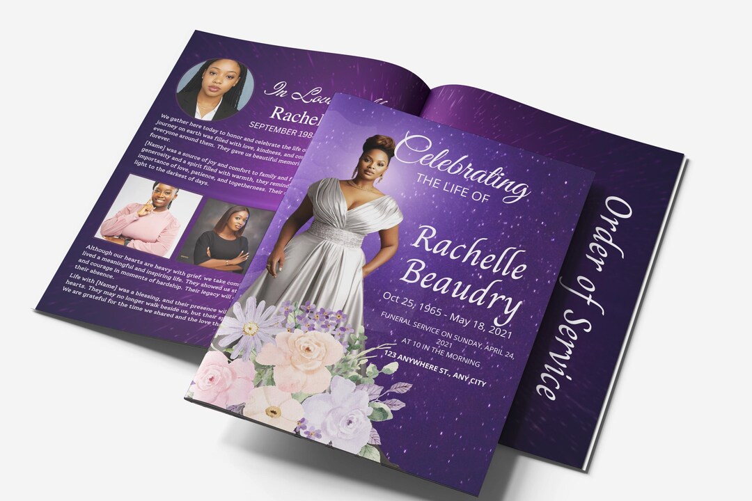 8 Page Purple Funeral Program Template | 17x11 Memorial Program With ...