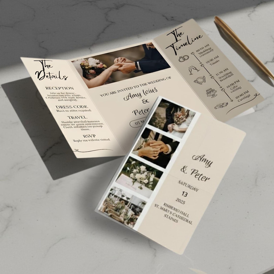 Photo Gatefold Wedding Invitation Template, Editable Canva Folded ...