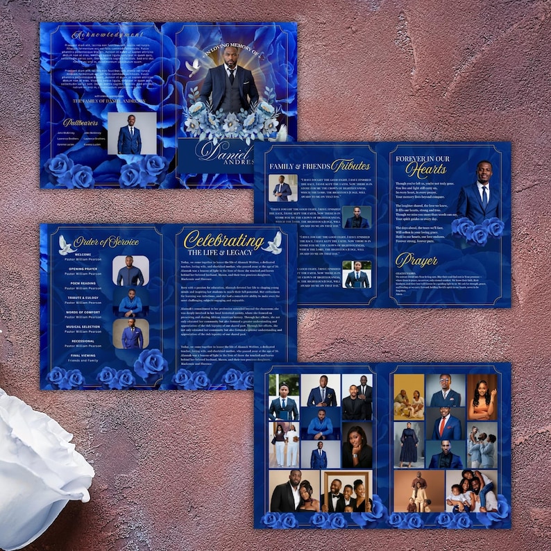 8-page Blue Funeral Program Template, Bi-fold Memorial Program ...
