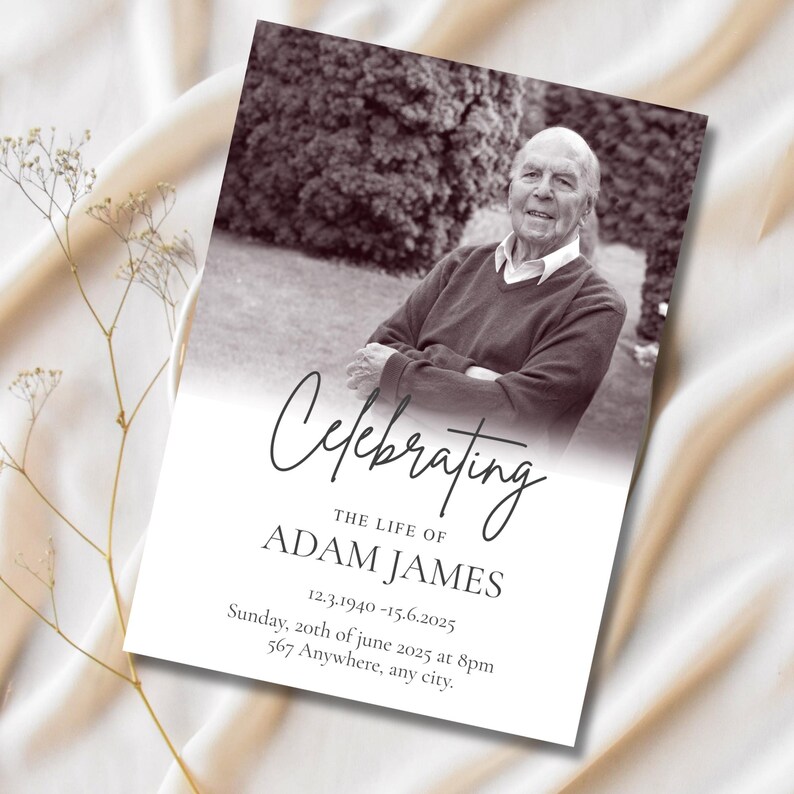 Minimalist Funeral Invitation Template: Editable Memorial Card (5x7 ...