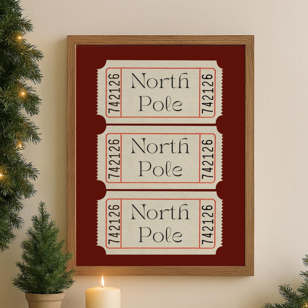 North Pole Ticket Print, Navy Blue Christmas Printable, Retro Xmas ...