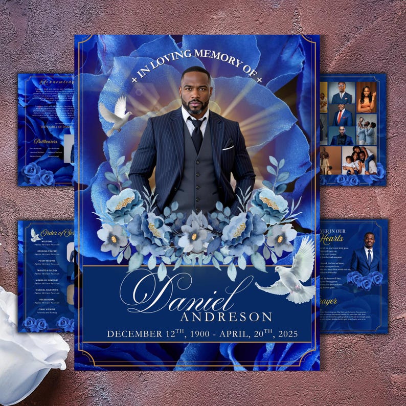 8-page Blue Funeral Program Template, Bi-fold Memorial Program ...