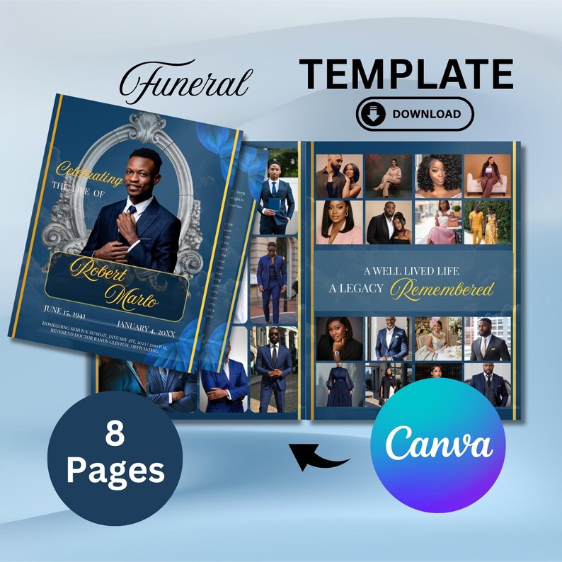 Navy Blue & Gold Funeral Program Template, Celebration of Life Obituary ...