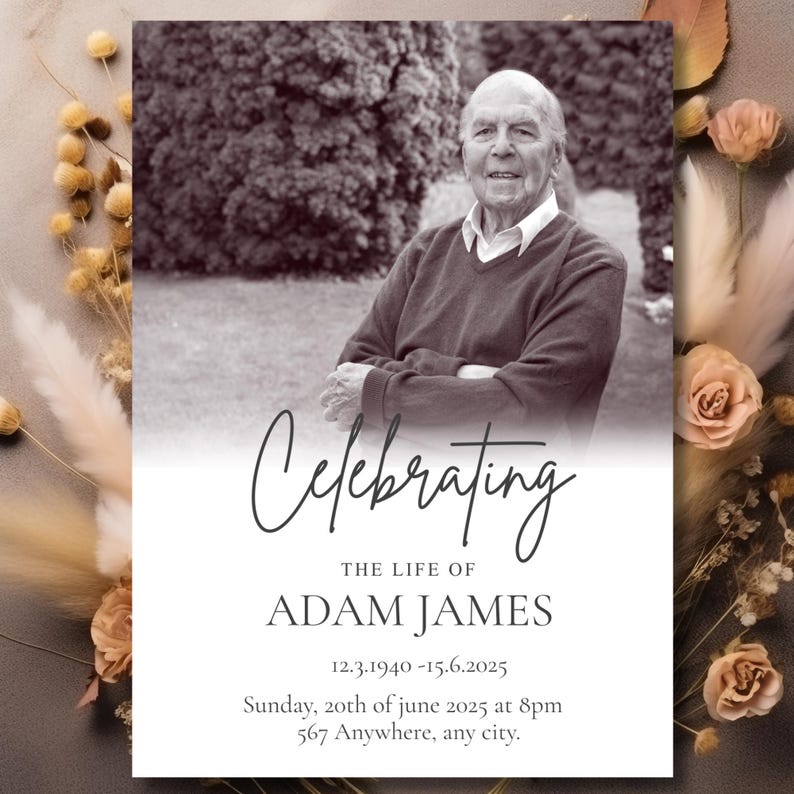 Minimalist Funeral Invitation Template: Editable Memorial Card (5x7 ...
