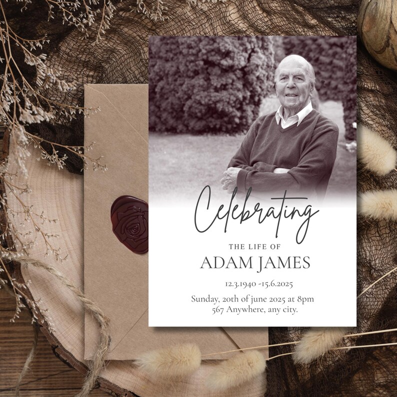 Minimalist Funeral Invitation Template: Editable Memorial Card (5x7 ...