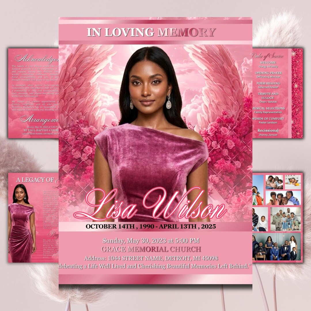 Pink Angel Wings Funeral Program Template, 8 Page Memorial Booklet ...