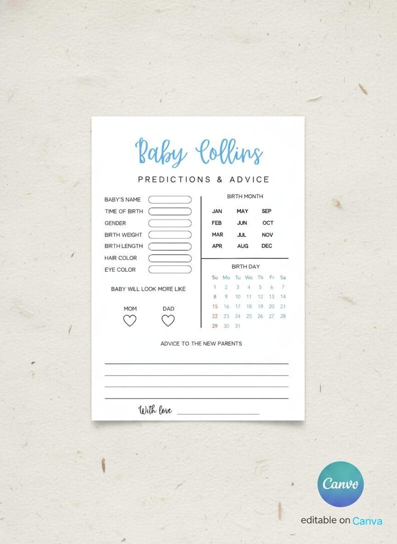 Baby Shower Predictions and Advice Card Printable Baby Shower Game ...