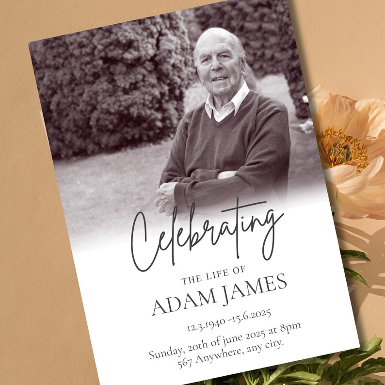 Minimalist Funeral Invitation Template: Editable Memorial Card (5x7 ...