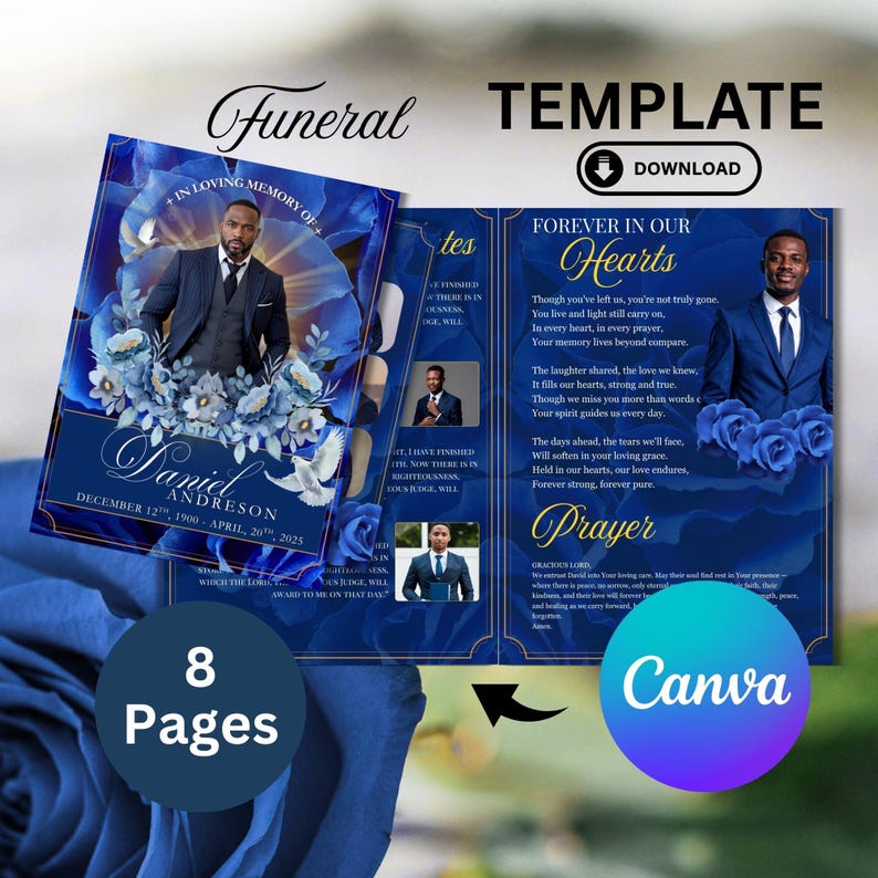 8-page Blue Funeral Program Template, Bi-fold Memorial Program ...