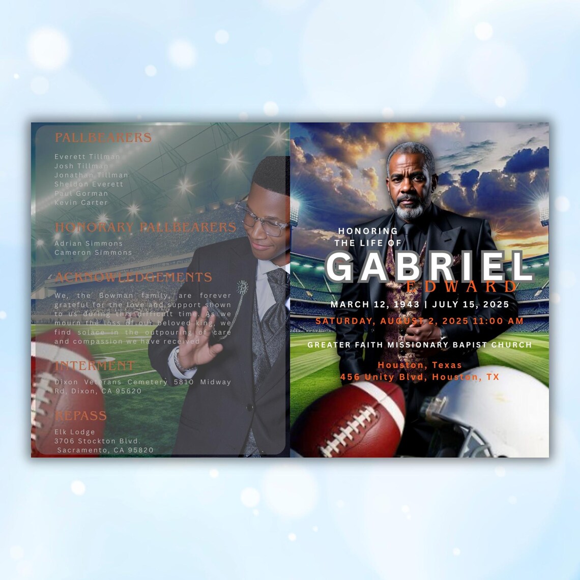 Football Funeral Program Template, Sports Obituary, Navy Grey Obituary ...