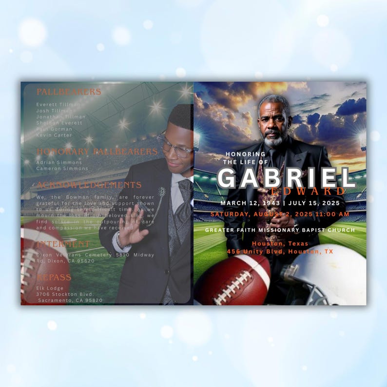 Football Funeral Program Template, Sports Obituary, Navy Grey Obituary ...