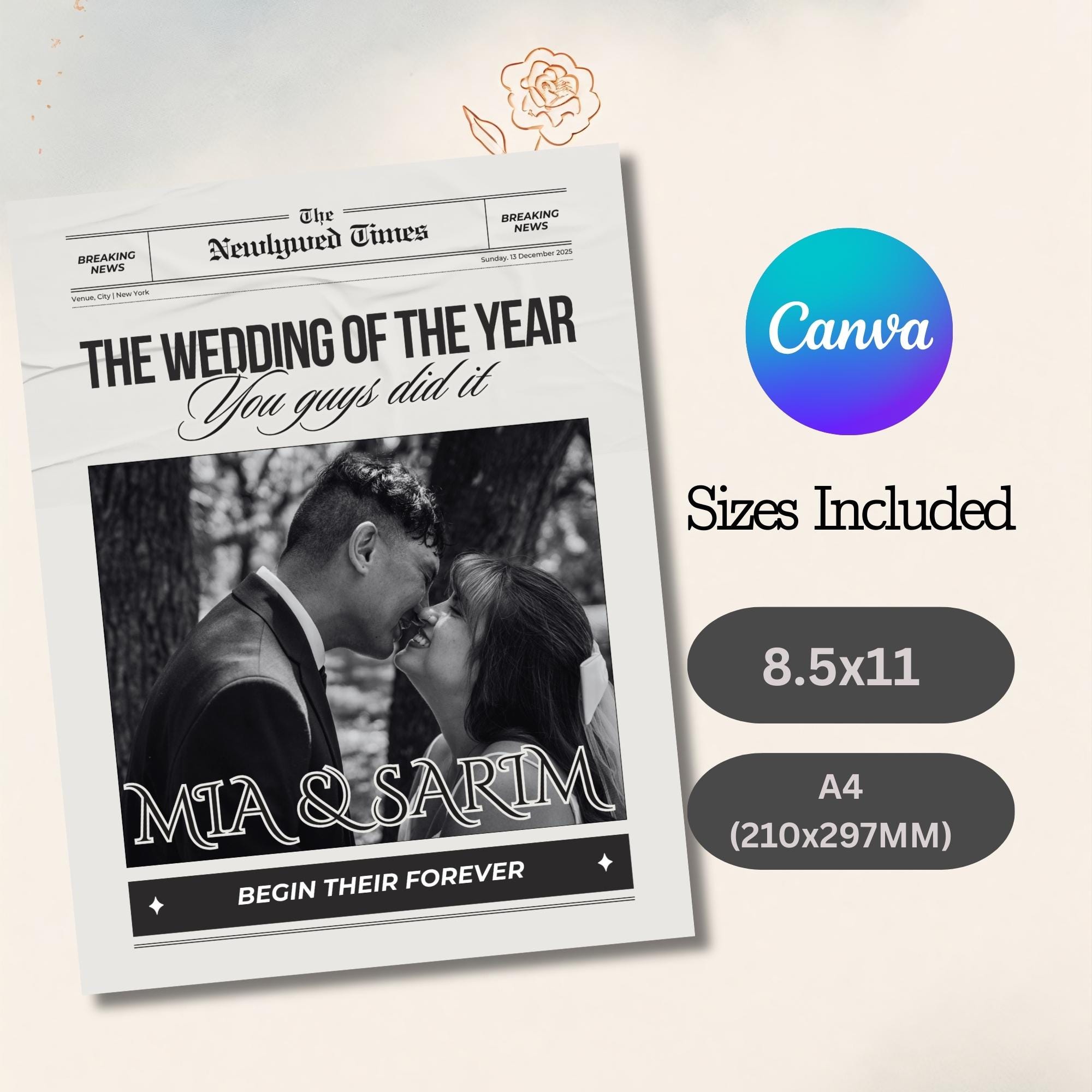 Wedding Newspaper Template With Photo | Editable Wedding Program ...