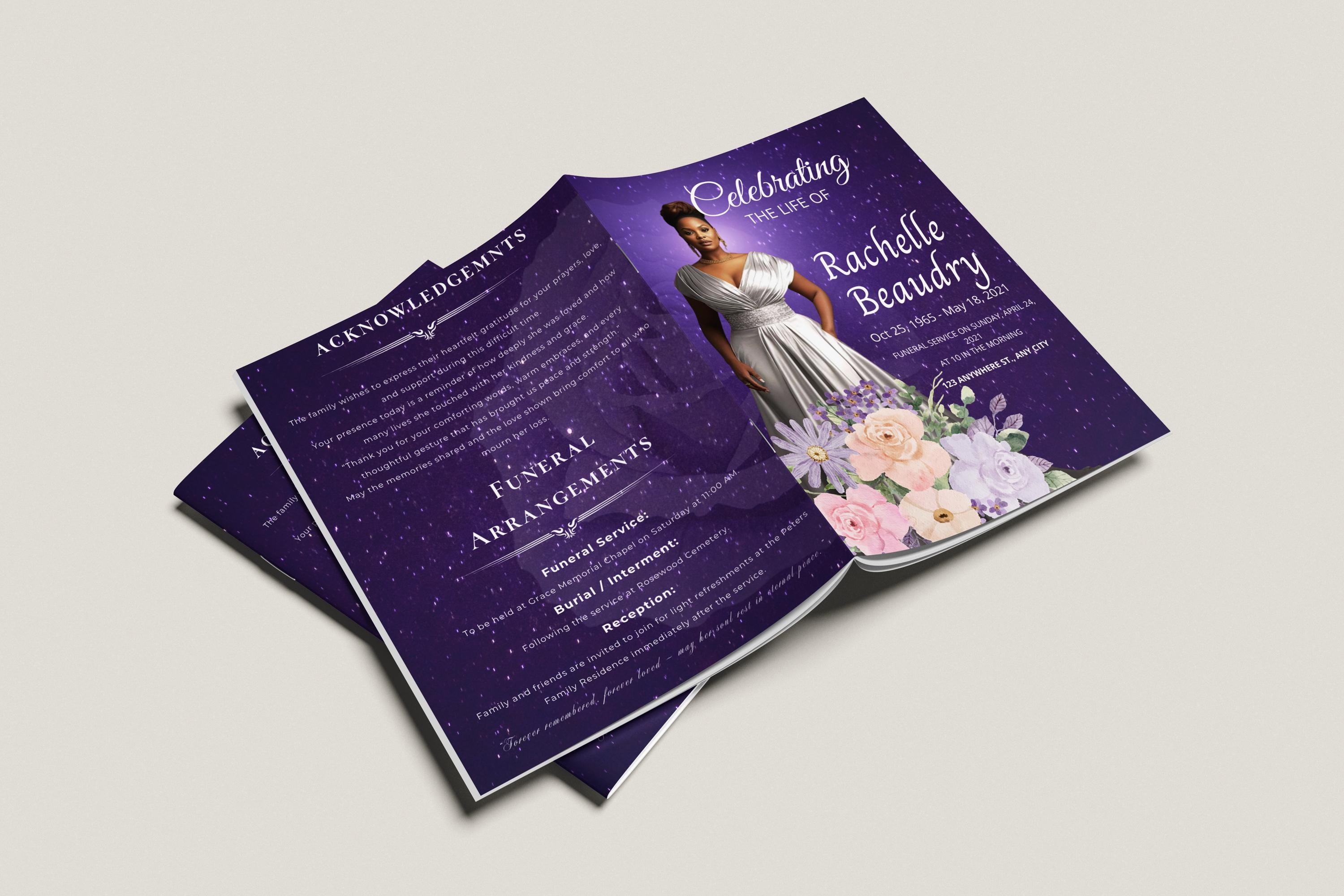 8 Page Purple Funeral Program Template | 17x11 Memorial Program With ...