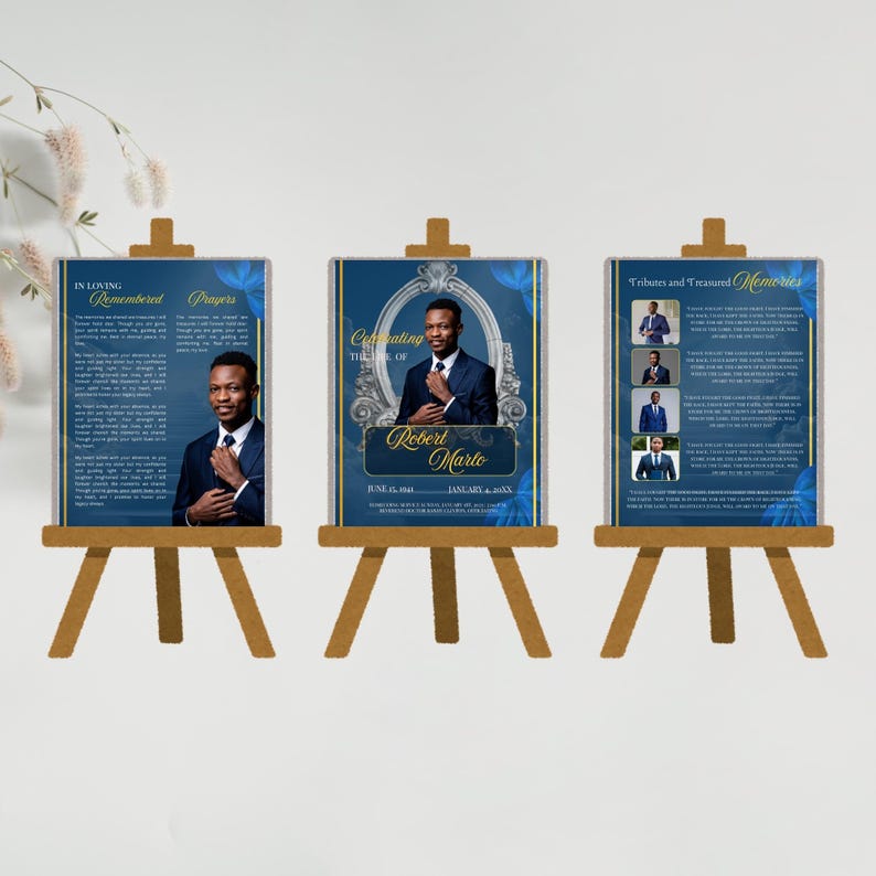 Navy Blue & Gold Funeral Program Template, Celebration of Life Obituary ...