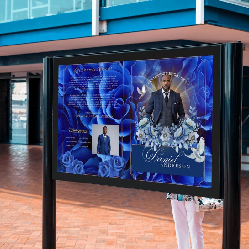 8-page Blue Funeral Program Template, Bi-fold Memorial Program ...