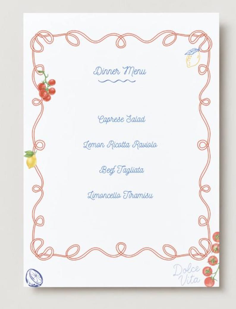 Italian Themed Dinner Party Menu Digital Template - Etsy