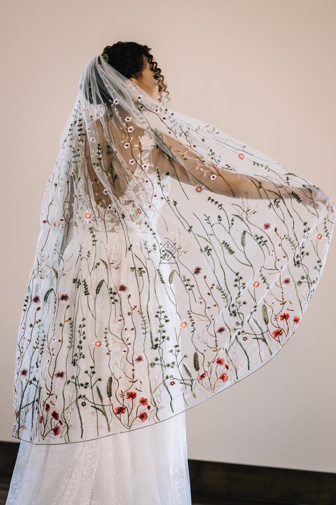 LENNOX VEIL, Green Color, Floral Veil Embroidered, Floral Veil Wedding ...