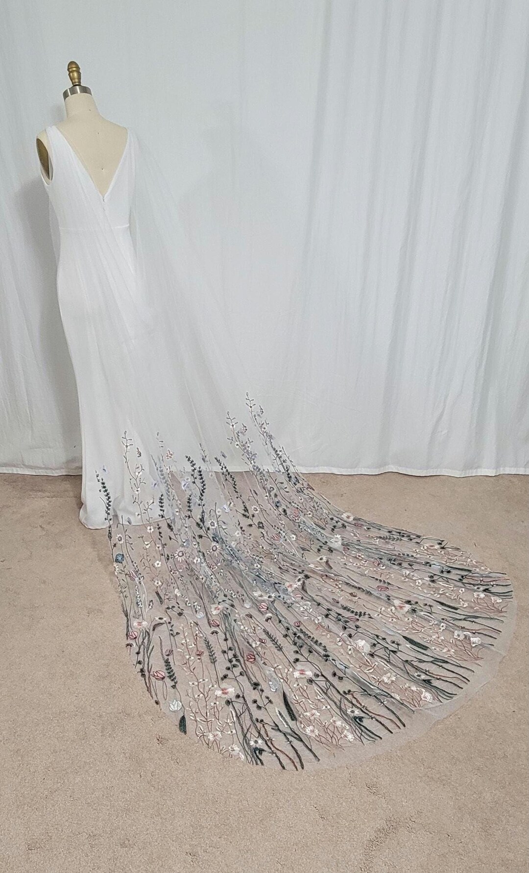 LENNOX CAPE VEIL V1, Teal Color, Wildflower Veil, Floral Embroidered ...