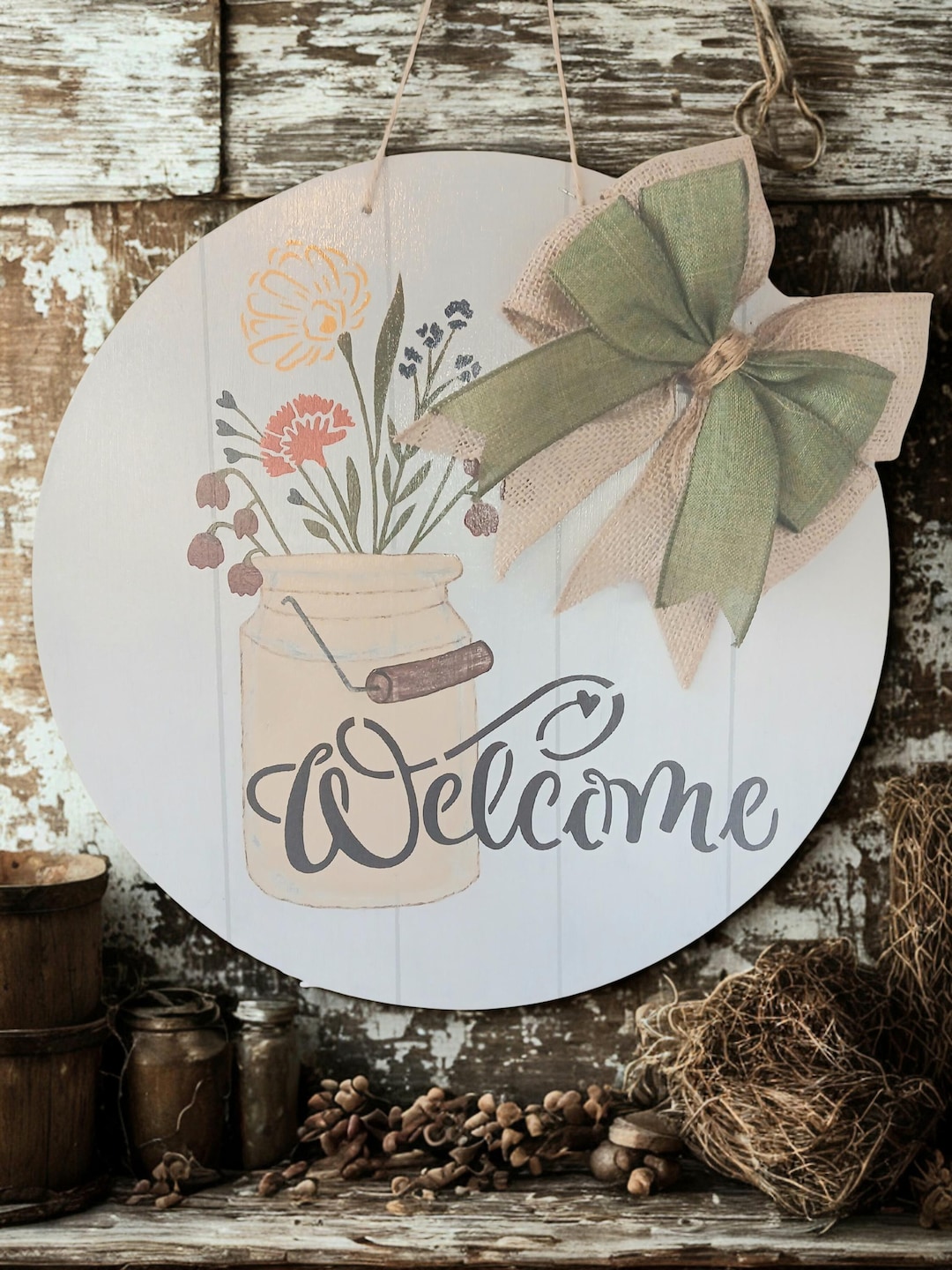 Rustic Farmhouse Welcome Sign With Wildflower Milk Jug - Etsy